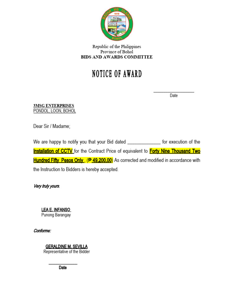 Notice of Award for Barangay Contracts | PDF