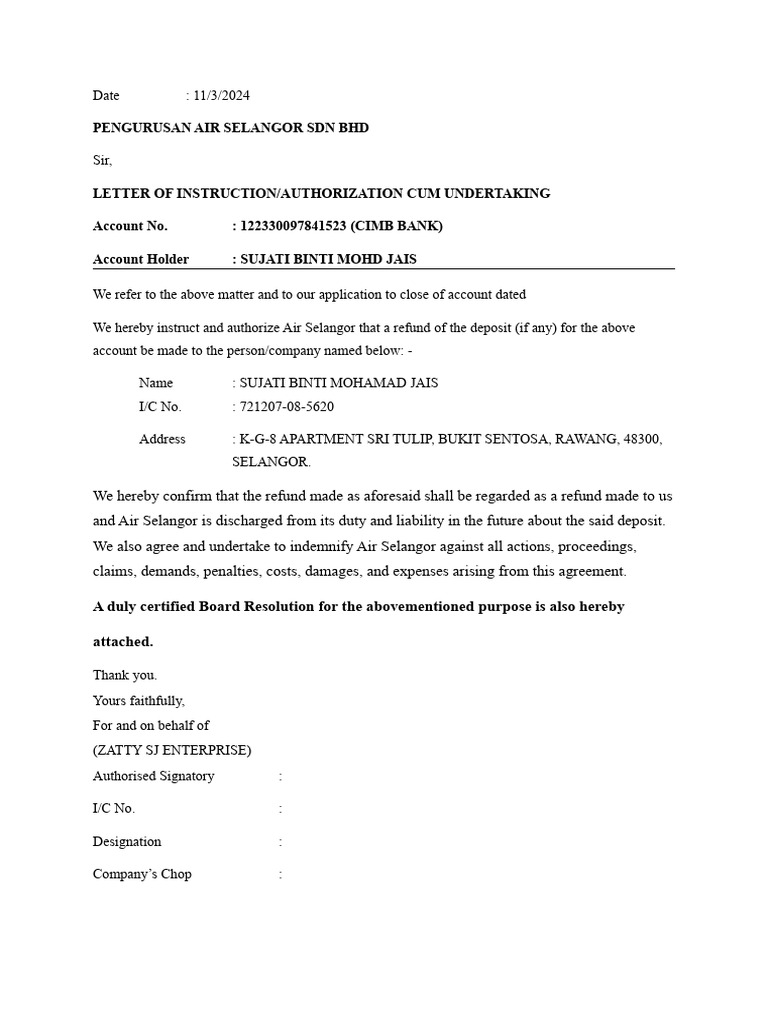 Letter of instruction cum undertaking | PDF