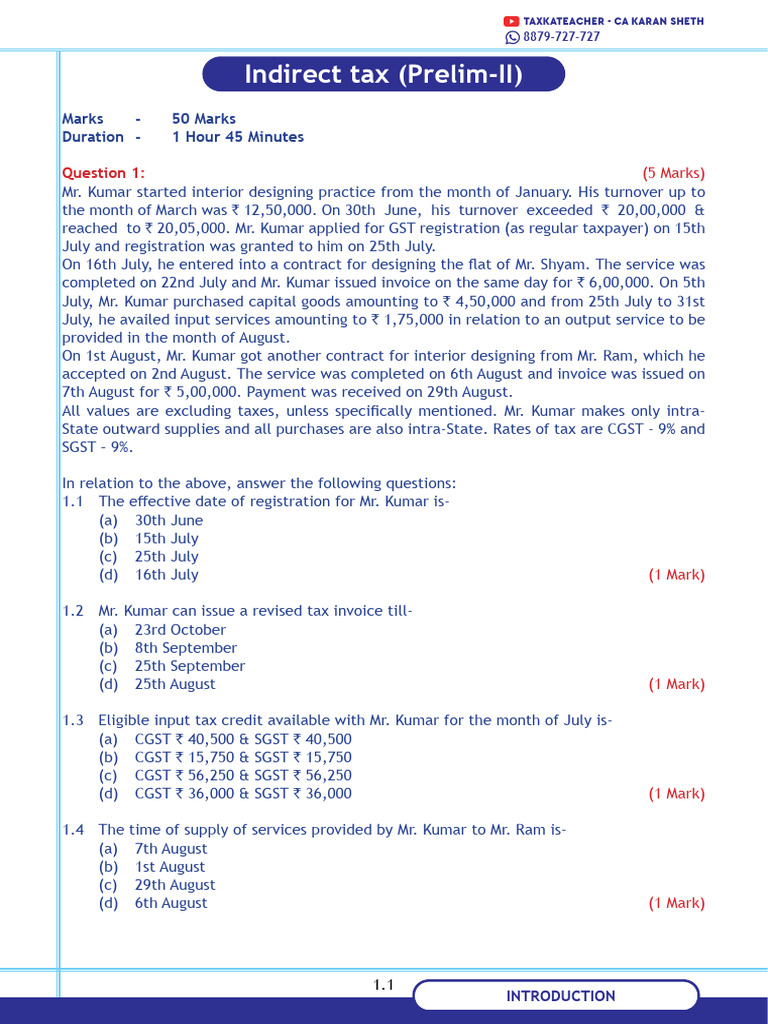 Indirect tax Prelim-II_Question paper | Download Free PDF | Taxes ...