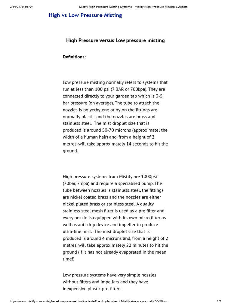 High vs Low Pressure Misting Systems | PDF | Pressure | Drop (Liquid)