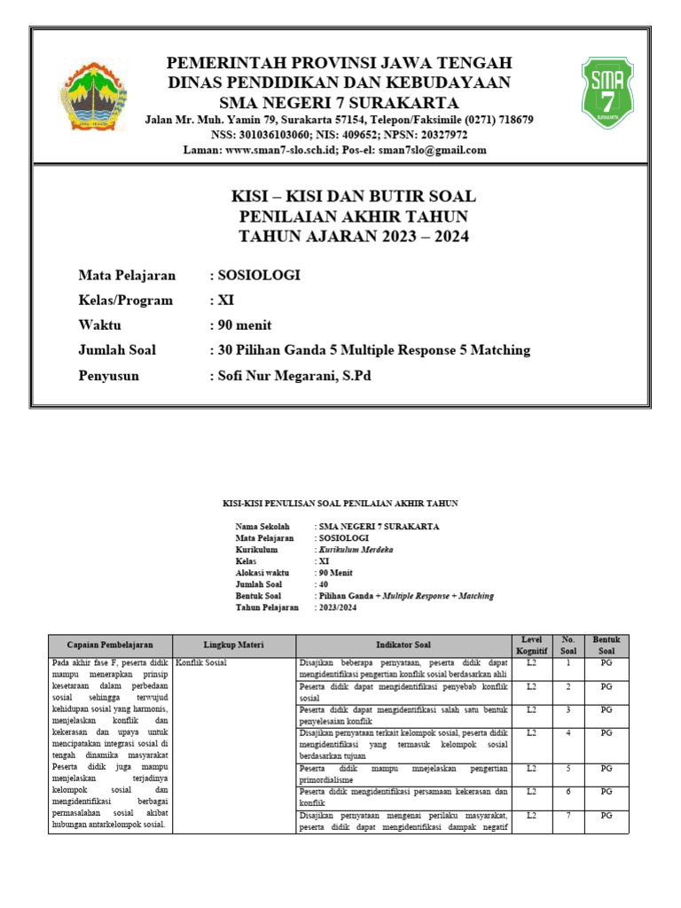 Kisi-Kisi Asat Sosiologi Xi 2024 | PDF