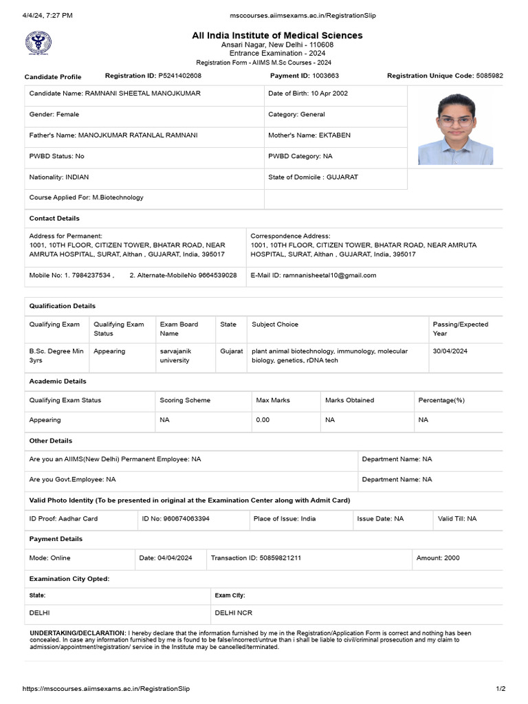 AIIMS M.Sc Registration Slip 2024 | PDF