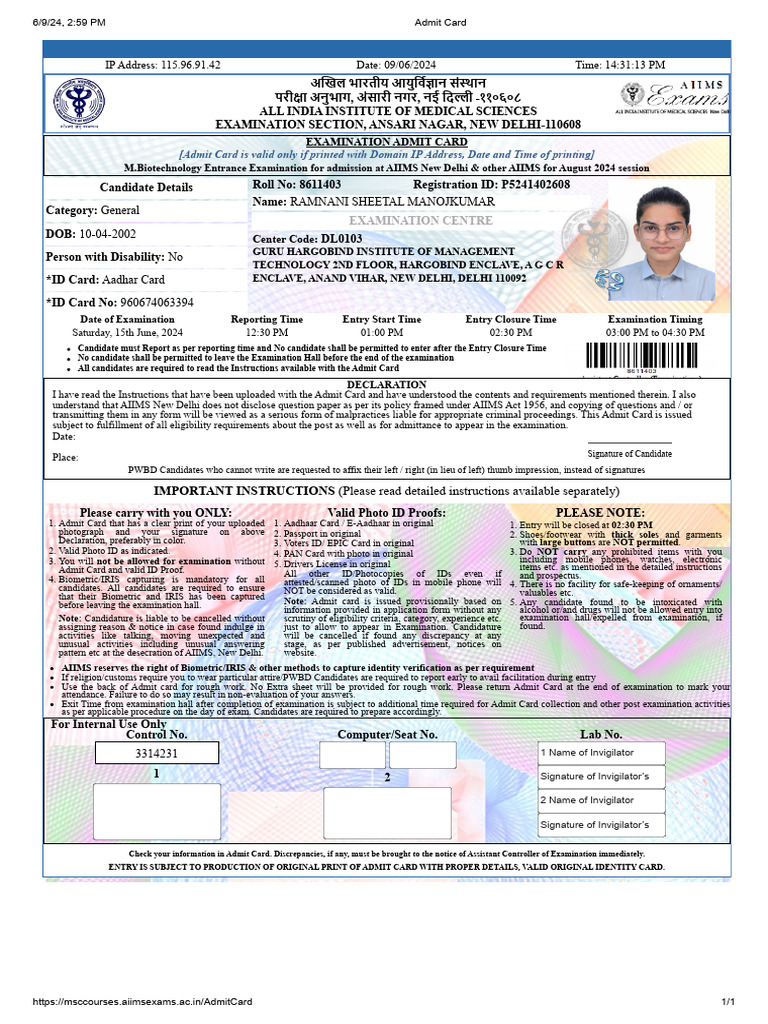 AIIMS M.Biotech Exam Admit Card Instructions | PDF | Identity Document ...