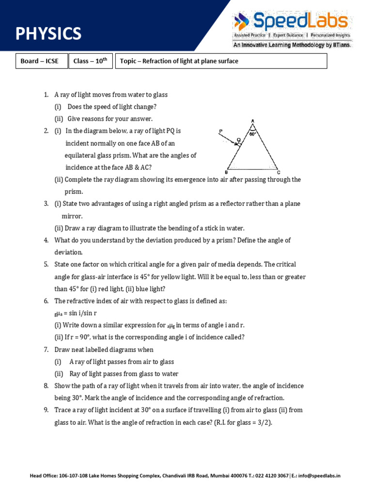 Refraction Of Light At Plane Surfaces Important Qs Important Questions