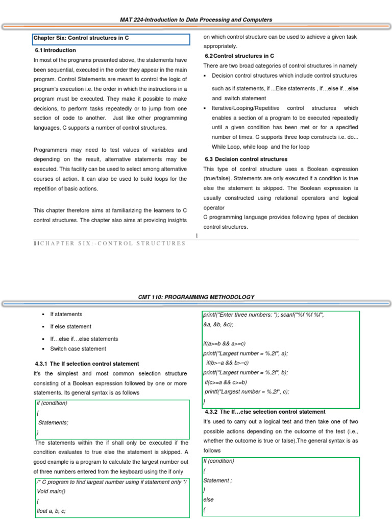 Chapter Six-Control Structures in C | PDF | Control Flow | Boolean Data Type