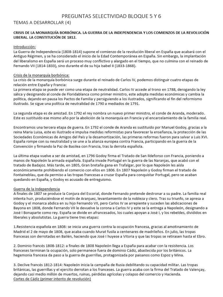 Preguntas sele bloques 5 y 6 (Historia de España) | PDF | Napoleón | España