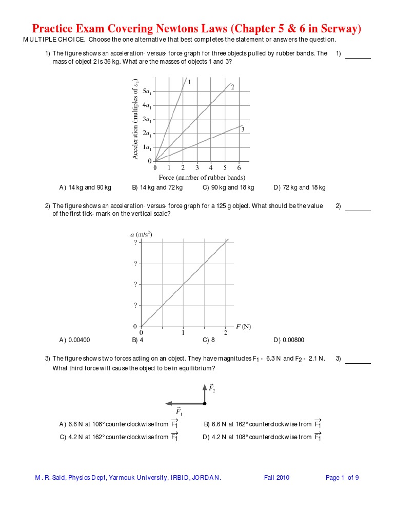 Practice Exam Covering Newtons Laws (Chapter 5 & 6 in Serway) | PDF | Tension (Physics) | Force