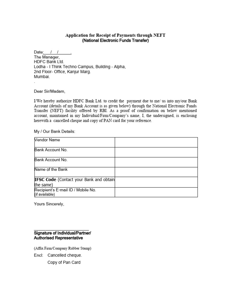 NEFT - Format (On Letter Head) | PDF