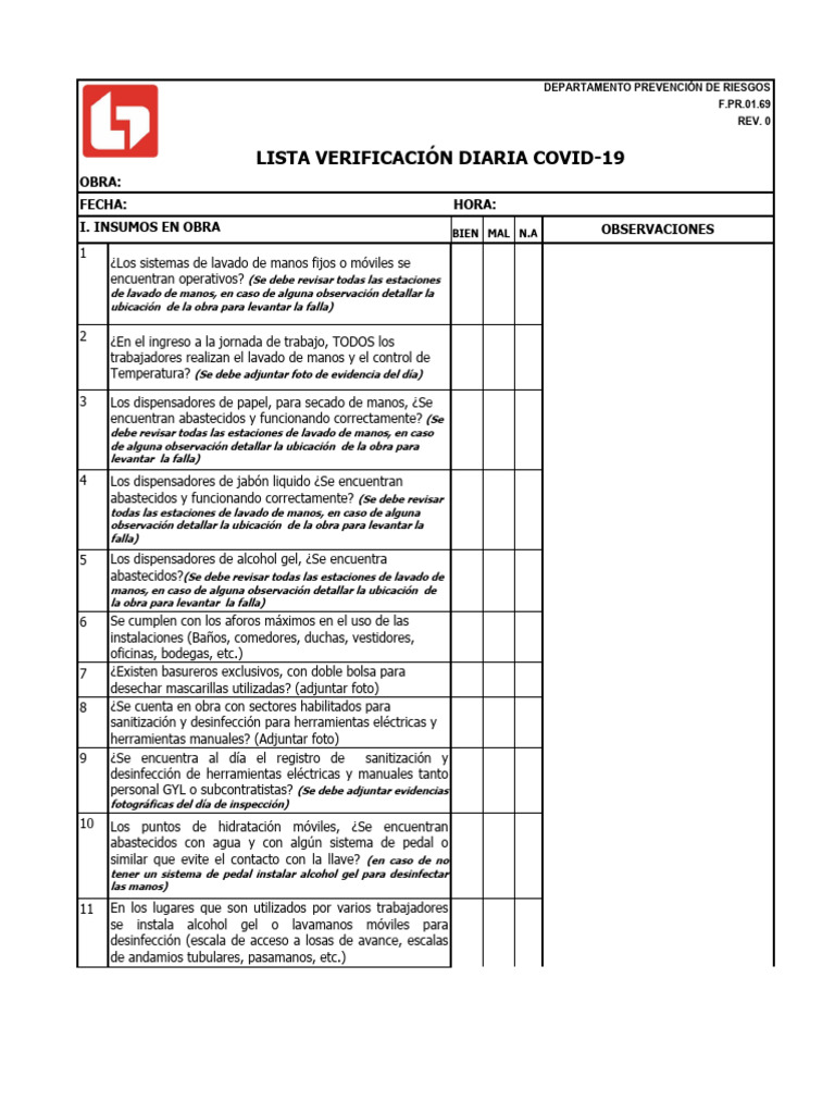 F PR 01 69 Lista Verificacion Diaria Covid 19 | PDF | Lavado de manos