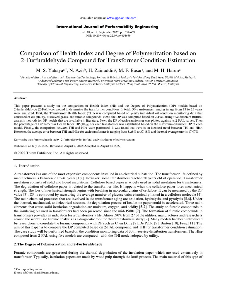 Comparison of Health Index and Degree of Polymerization Based On 2 ...