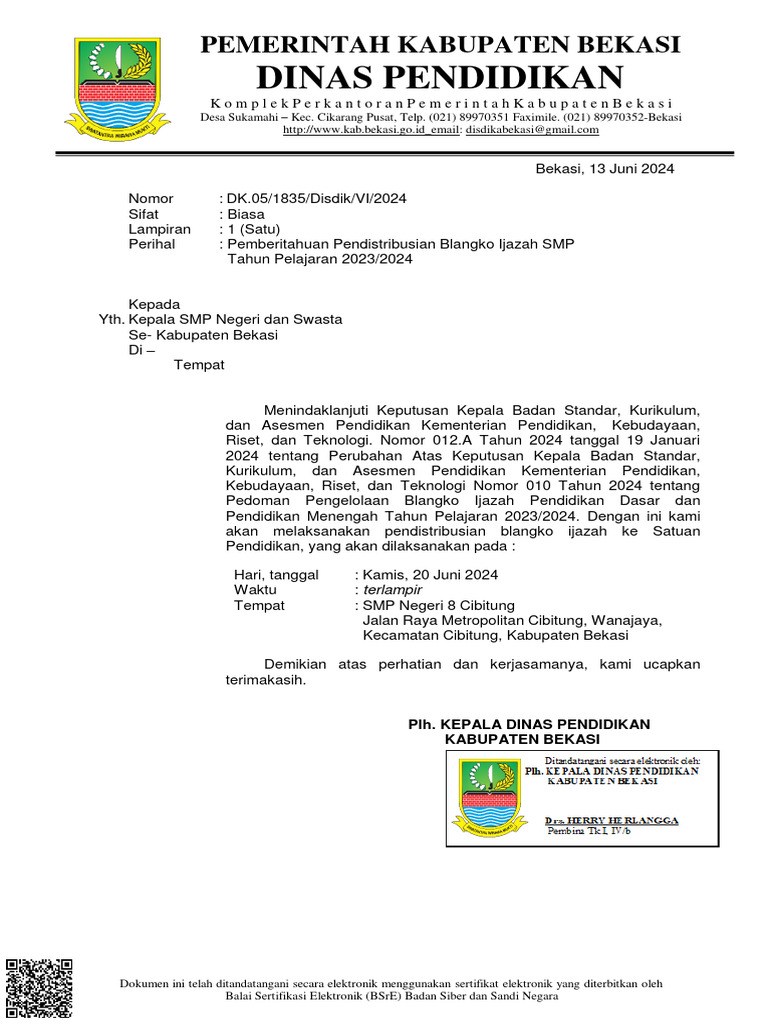 Pemberitahuan Pendistribusian Blangko Ijazah SMP Tahun Pelajaran 2023 2024 | PDF
