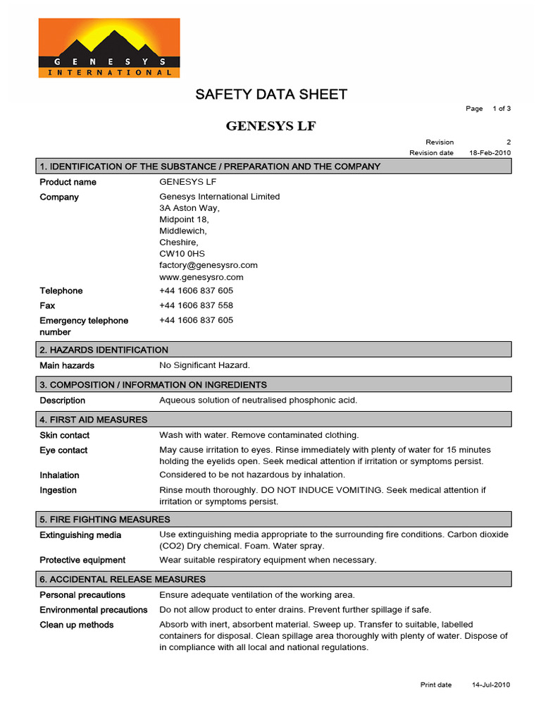 Genesys LF MSDS | PDF | Waste Management | Personal Protective Equipment