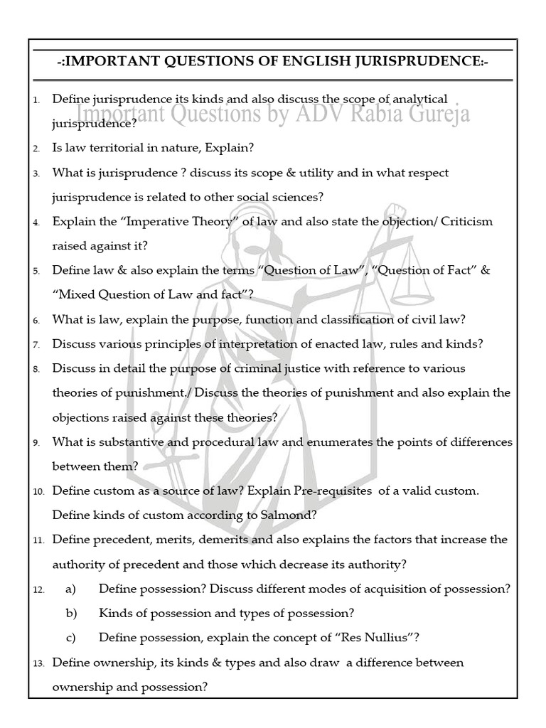 English Jurisprudence Important Questions by Adv Rabia Gureja 1 | PDF | Jurisprudence | Precedent