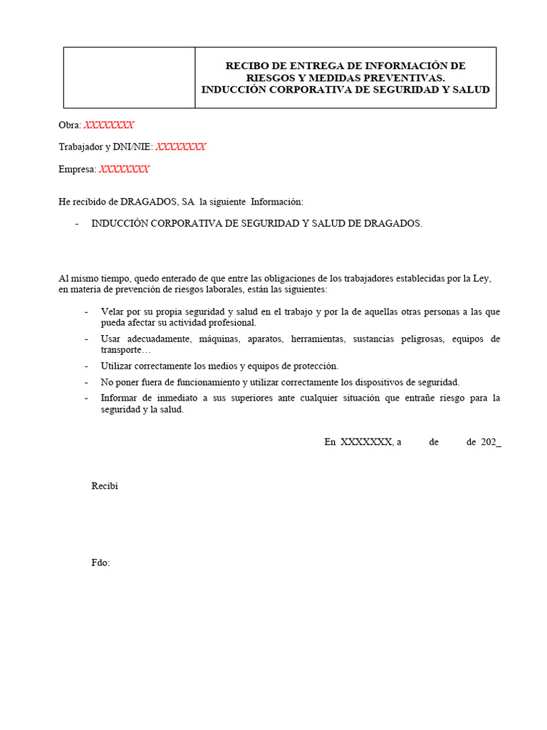 Información Específica en PRL a Trabajadores Inducción Acceso a Obra ... Información Específica en PRL a Trabajadores Inducción Acceso a Obra ...