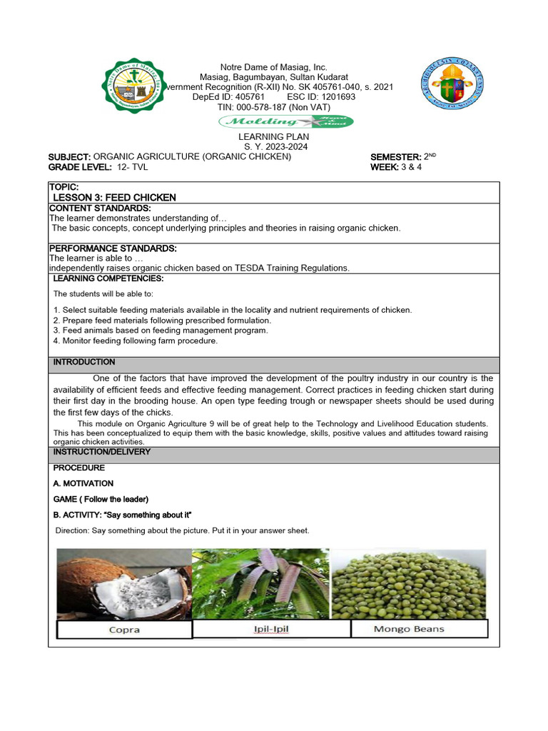 Learning Plan Organic Agri. 4 (Feed Chicken) | PDF | Chicken | Learning