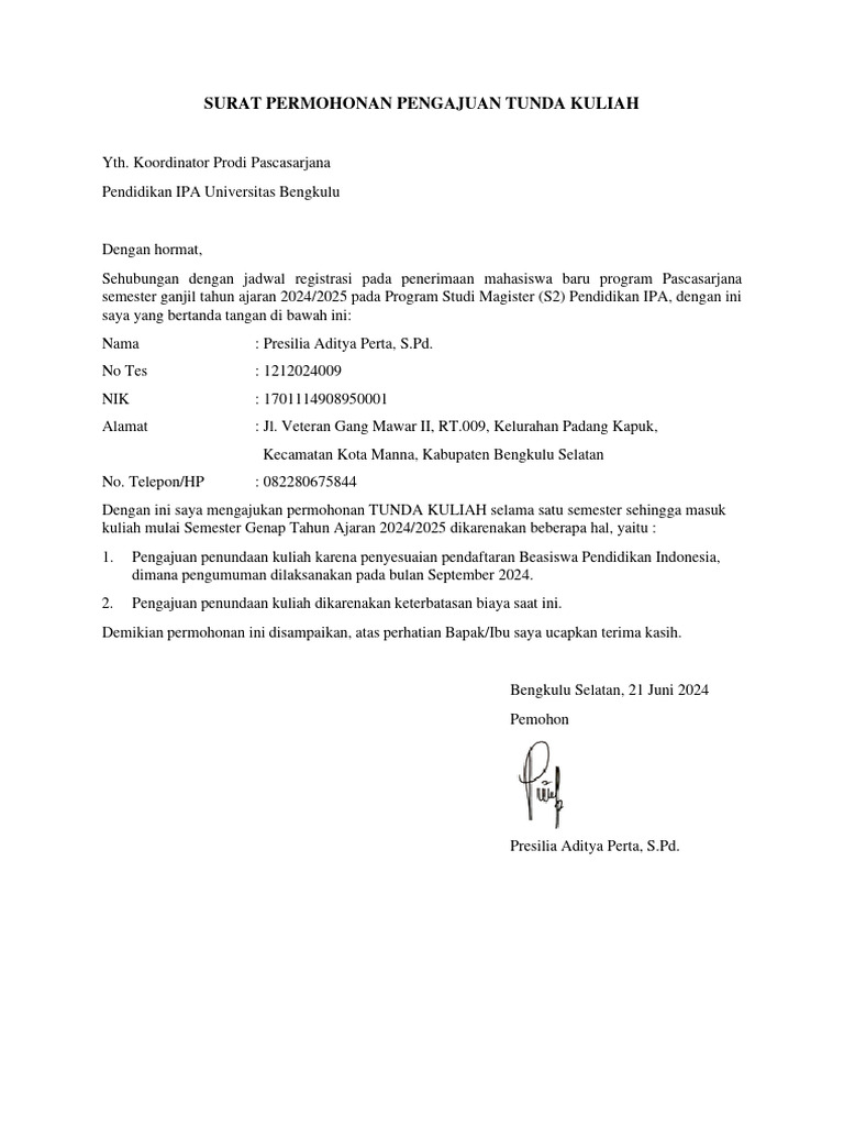 SURAT PERMOHONAN PENGAJUAN TUNDA KULIAH-Presilia | PDF