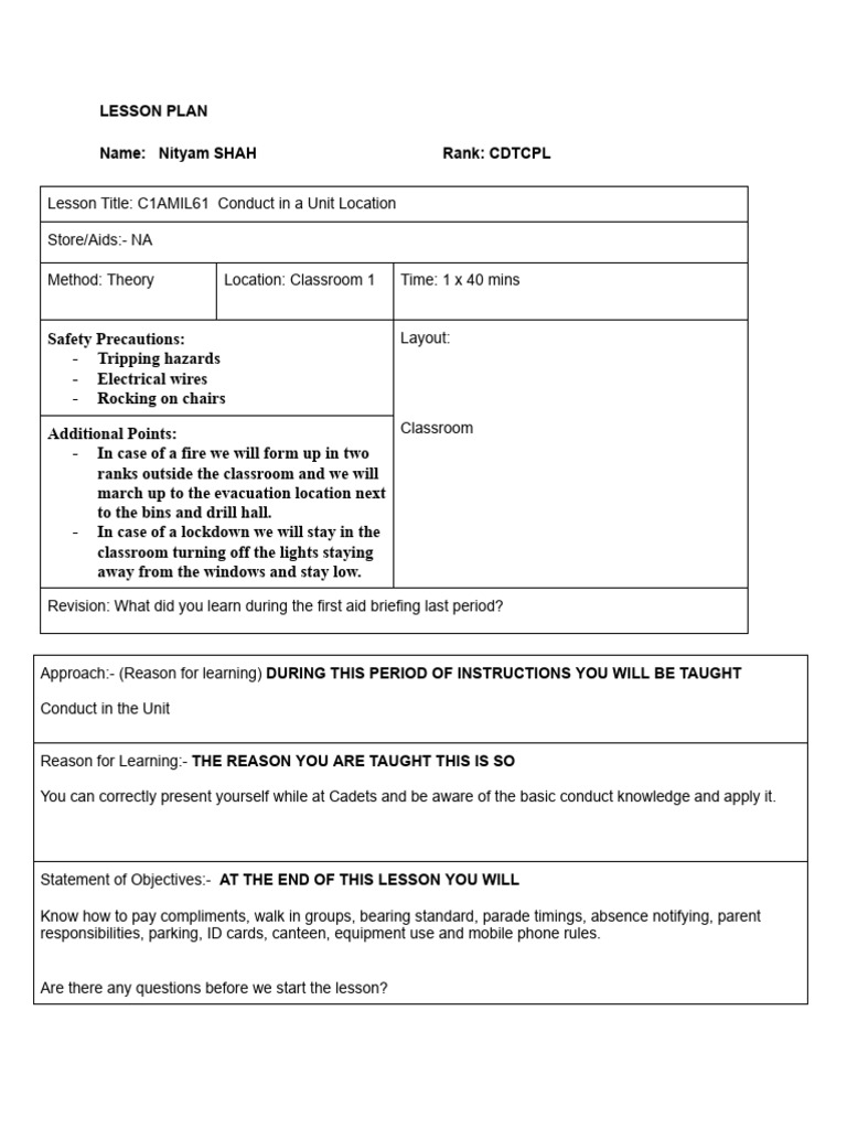 CPL SHAH - Conduct in a Unit Location - LESSON PLAN | PDF