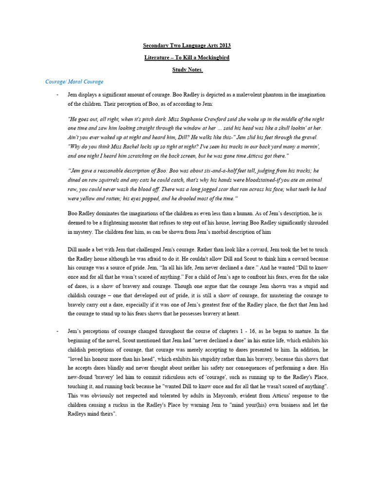 Tkam Study Notes | PDF | To Kill A Mockingbird | Courage
