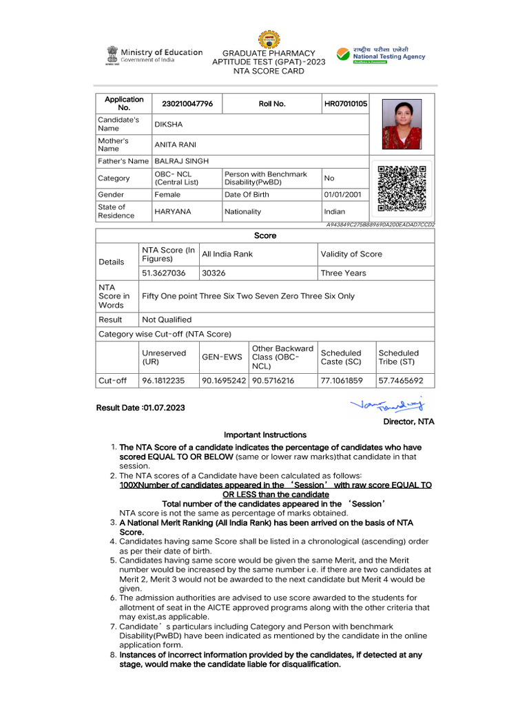 GPAT 2023 NTA Score Card for DiKsha | PDF