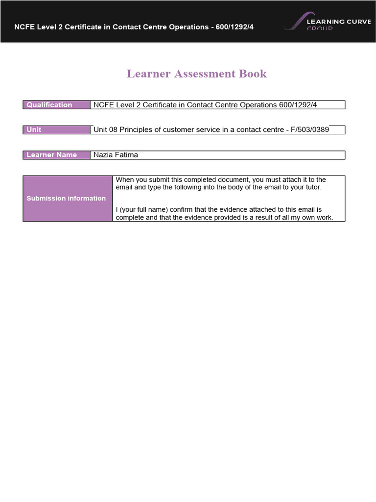 NCFE Level 2 Contact Centre Workbook | PDF | Communication | Performance Indicator