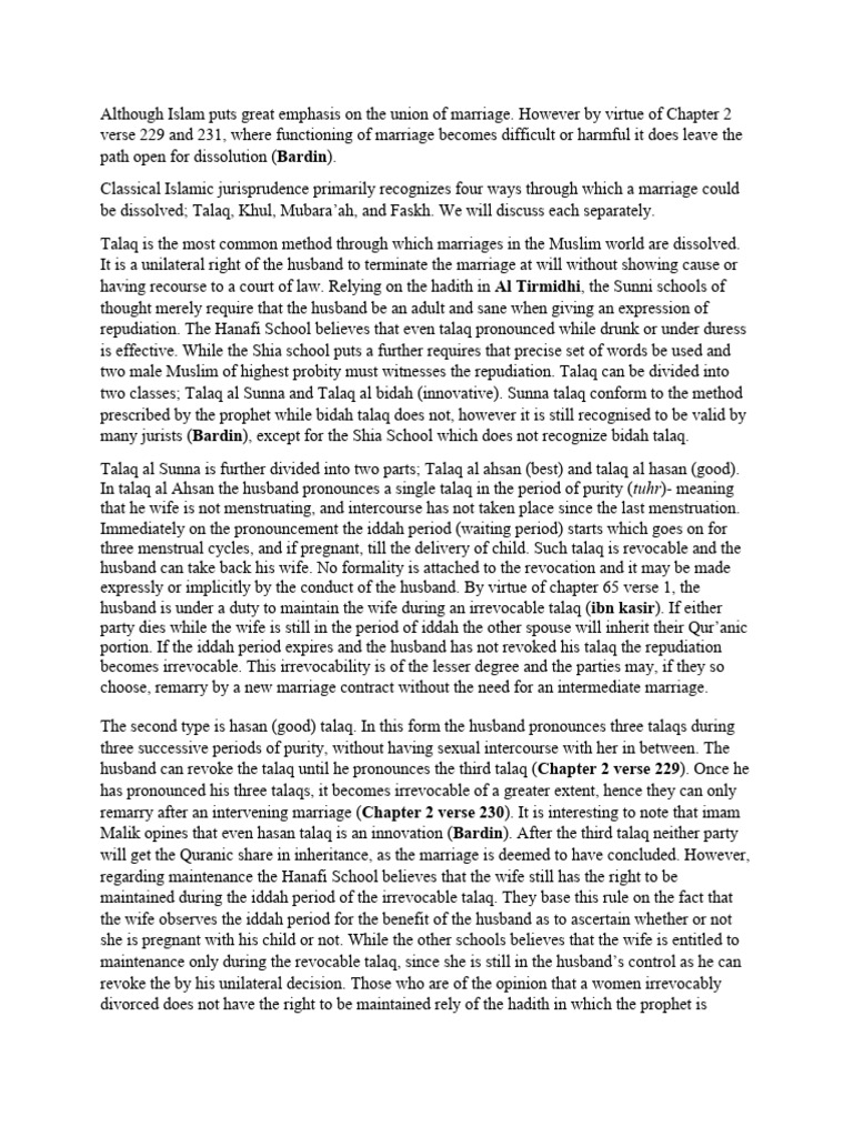 Dissolution Of Marriage Notes Pdf Jurisprudence Islamic