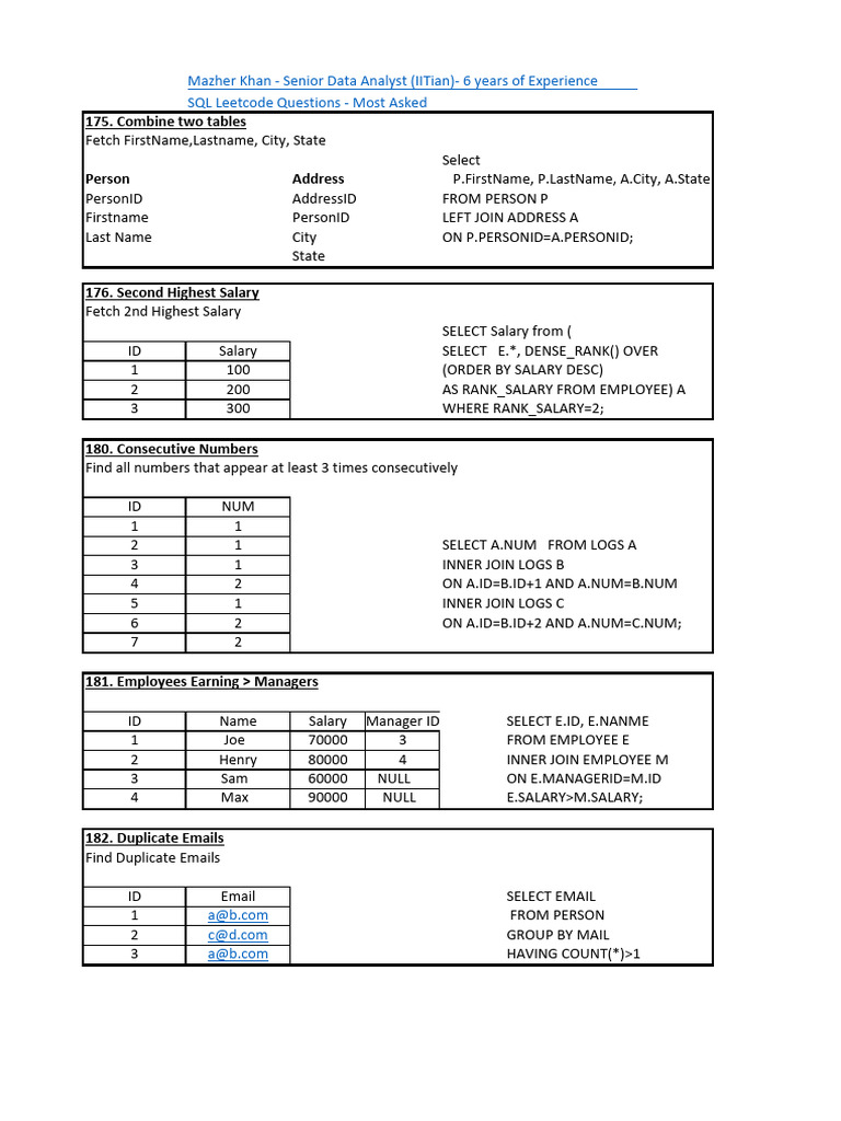 SQL Leetcode Questions - | PDF SQL Leetcode Questions - | PDF