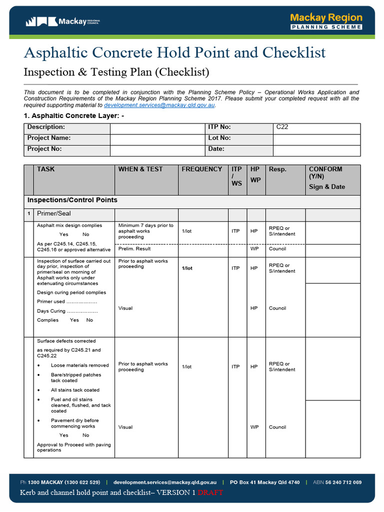 ITP Checklist 13 - Asphaltic Concrete | PDF | Concrete | Civil Engineering