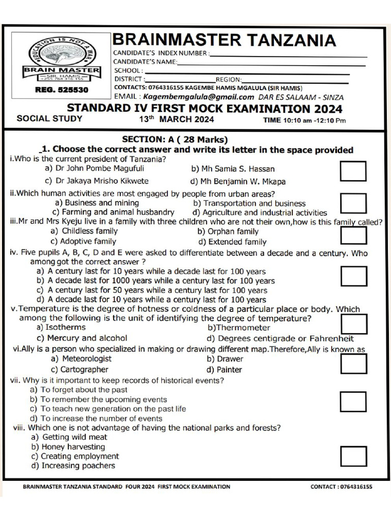 Brainmaster Tanzania?? G4 SST First Mock 2024 | PDF