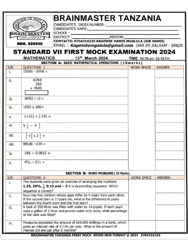 Brainmaster Tanzania?? g7 Math First Mock 2024 | PDF
