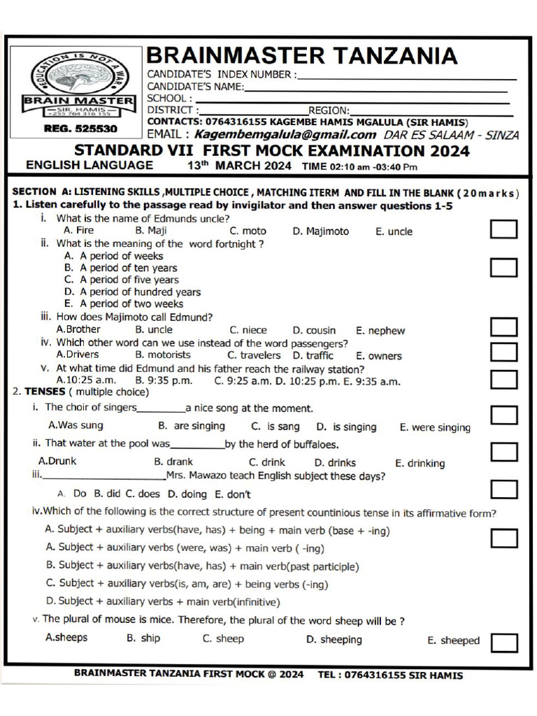 Brainmaster Tanzania?? g7 Eng First Mock 2024 | PDF