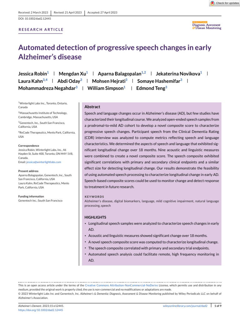 Alz Dem Diag Ass Dis Mo - 2023 - Robin - Automated Detection of Progressive Speech Changes in ...