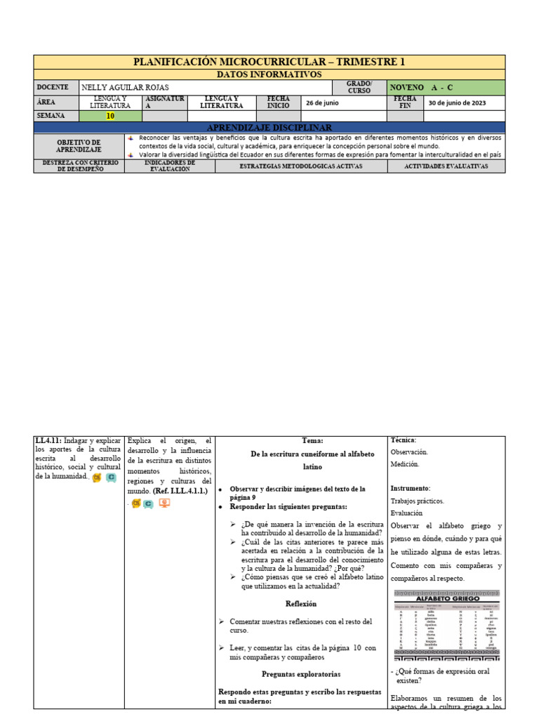 Planificacion Semana 10, 11 y 12 Noveno Año | PDF | Escritura | Evaluación