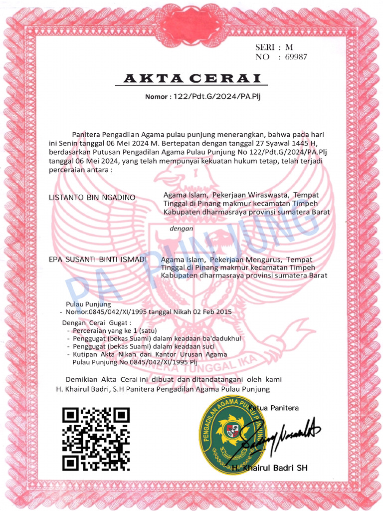 Watermark Akte Cerai PA Punjung | PDF