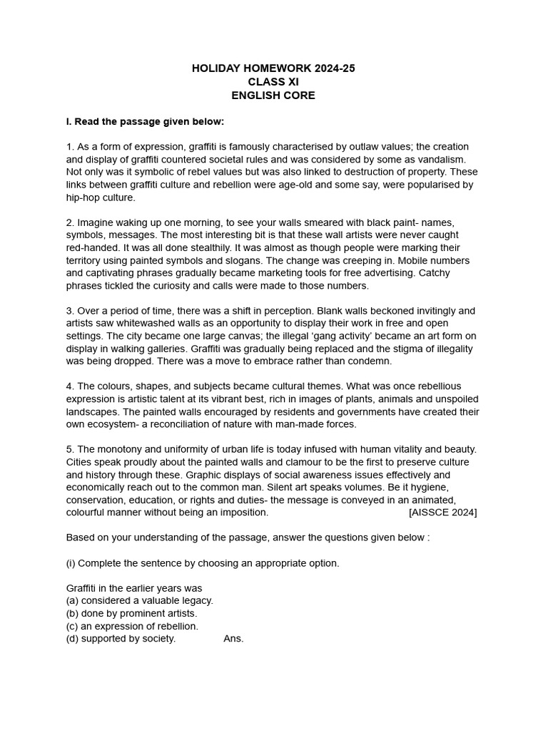 Xi Eng Core HHW 2024-25 English Core Xi 07 05 2024 | PDF | Graffiti