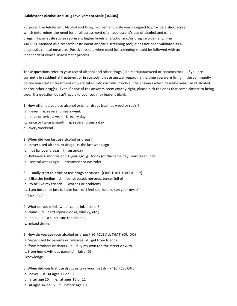 Adolescent Alcohol and Drug Involvement Scale (AADIS) | PDF ...
