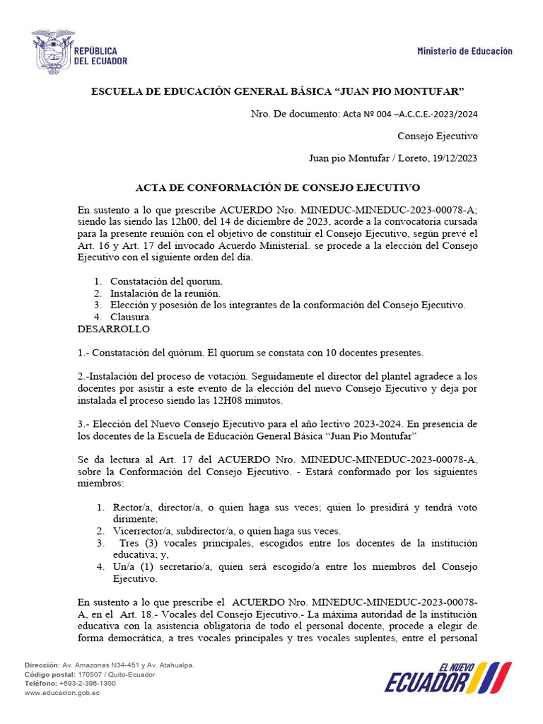 ACTA DE CONFORMACIÓN DEL CONSEJO EJECUTIVO-1 | PDF | Maestros | Modificación de comportamiento
