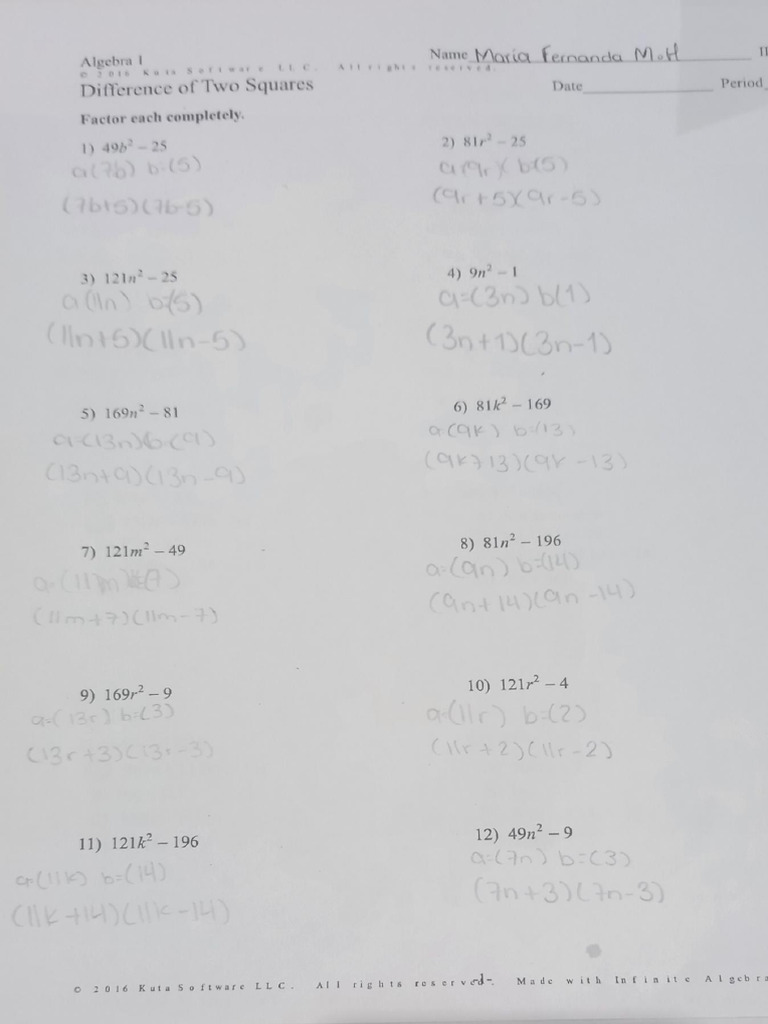 Algebra: Difference of Squares | PDF