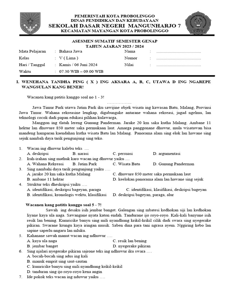 Soal Aat BHS Jawa 23-24 | PDF