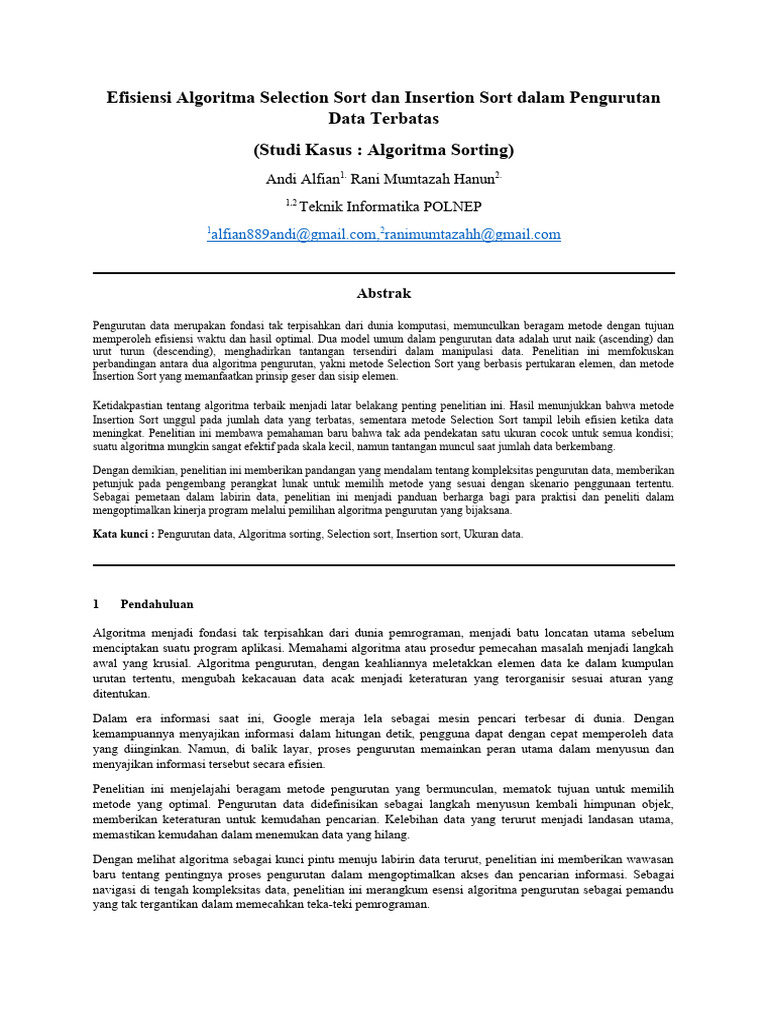 Efisiensi Algoritma Selection Sort Dan Insertion Sort Dalam Pengurutan Data Terbatas Pdf