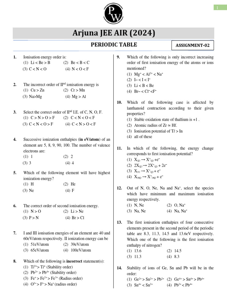 Assignment 02 Periodic Table6582a5eb6adf2f0018446fb9 | PDF | Ionization | Sets Of Chemical Elements