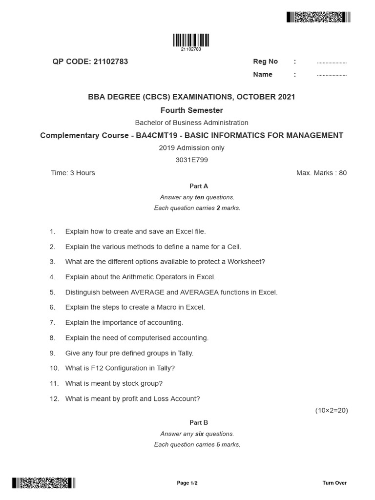 MG University Sem 4 QN Paper | PDF | Microsoft Excel | Computing