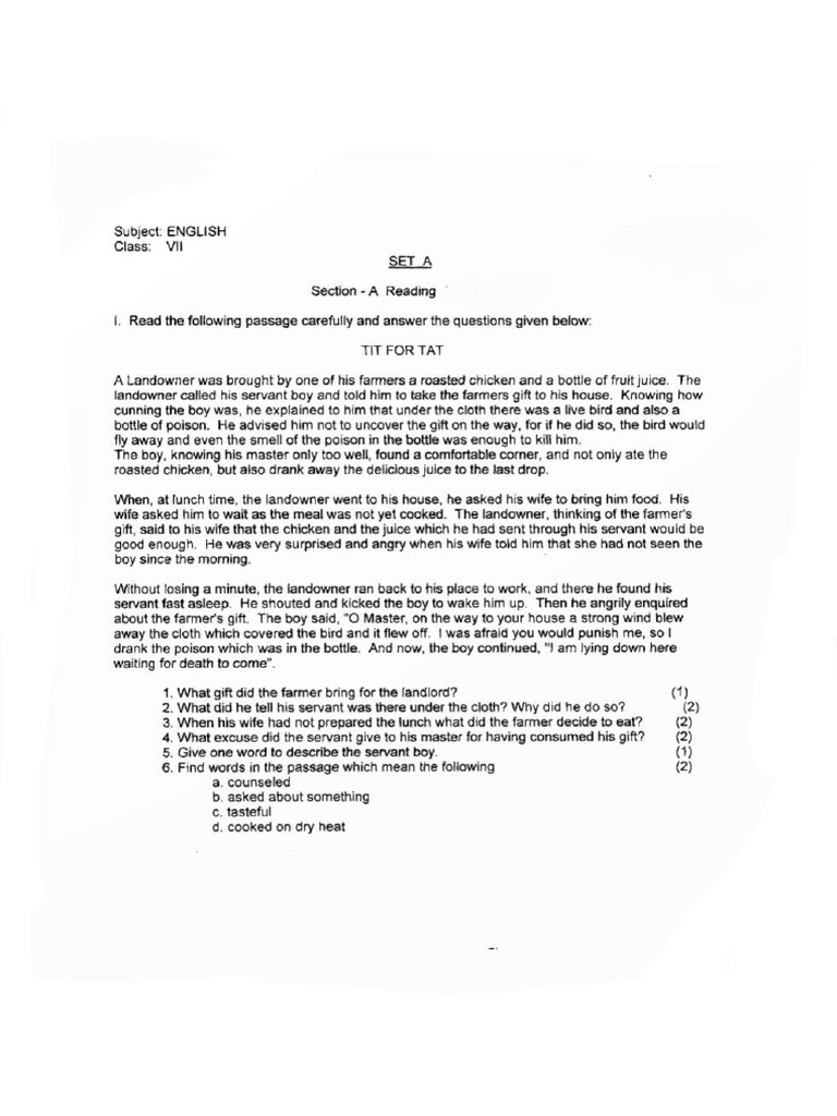 Class 7 English Worksheet | PDF