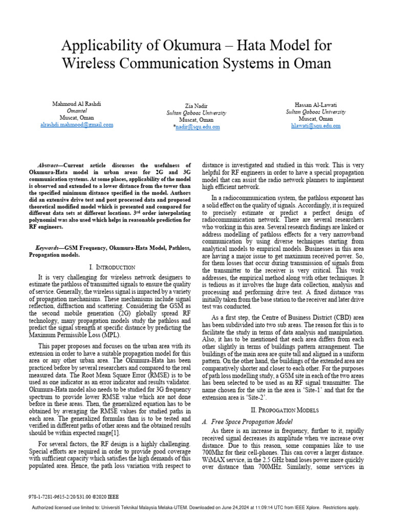 Applicability of Okumura – Hata Model For Wireless Communication ...