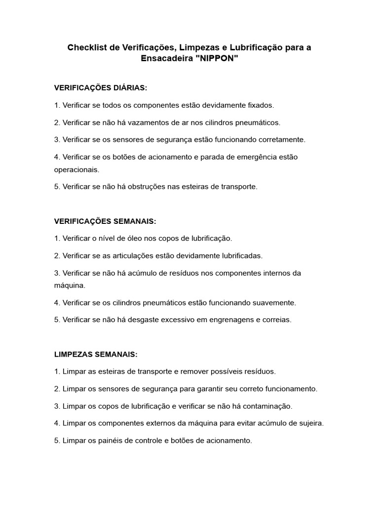 Checklist de Verificações, Limpeza e Lubrificação NIPPON | PDF ...