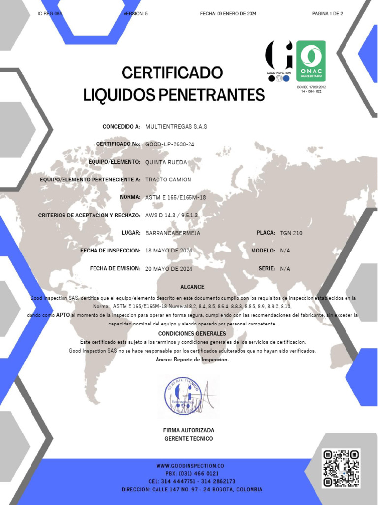 1. Certificado y Reporte de Inspeccion de Quinta Rueda Placa Tgn 210 | Descargar gratis PDF ...