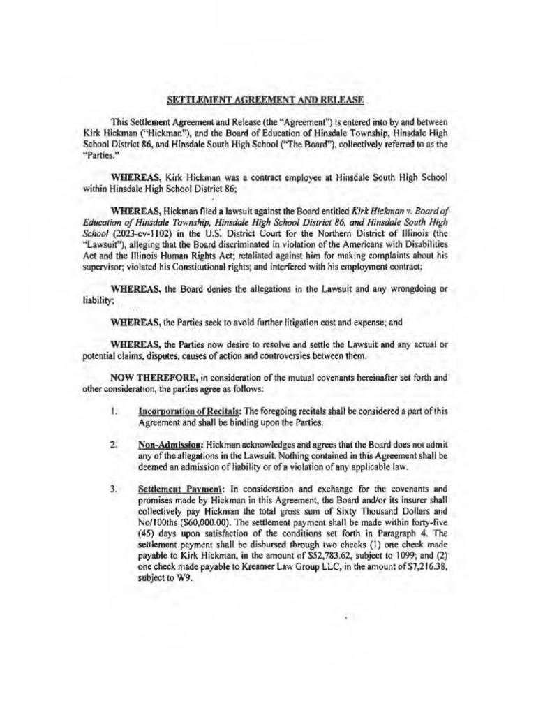 Kirk Hickman Settlement With Hinsdale High School District 86 | PDF