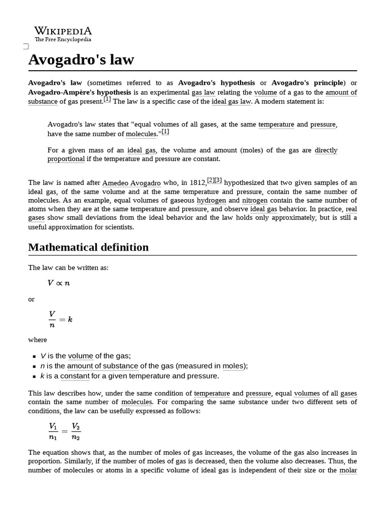 Avogadro's Law | PDF | Gases | Applied And Interdisciplinary Physics
