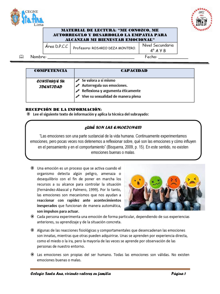 DPCC 4â° Material de Lectura Autorregulaciã N y Empatia | PDF | Las emociones | Empatía