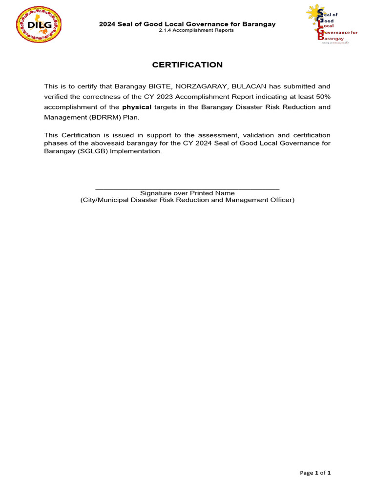 2.1.4.1 Certification BDRRM ACCOMP REPORT | PDF | Social Science