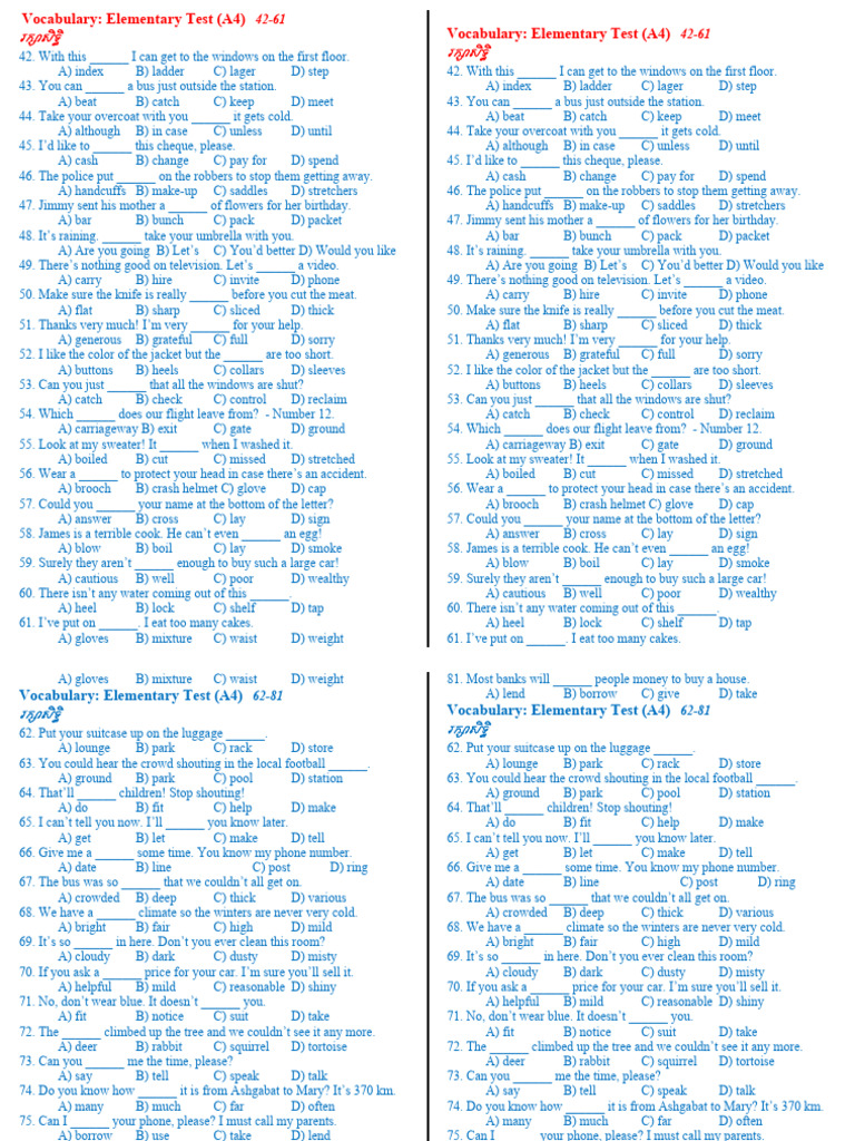 Vocabulary Elementary Test (A4) 42-100 | PDF